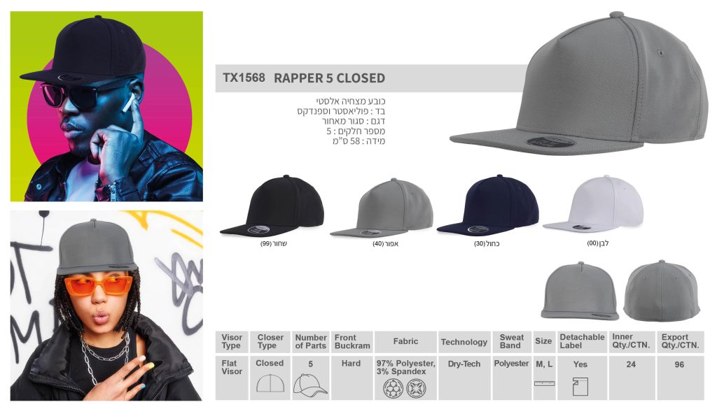 RAPPER 5 CLOSED - כובע מצחיה, 5 חלקים, סגירה מלאה - Wave2